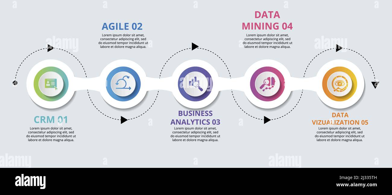 Infographic Business Intelligence template. Icons in different colors. Include Crm, Agile ...
