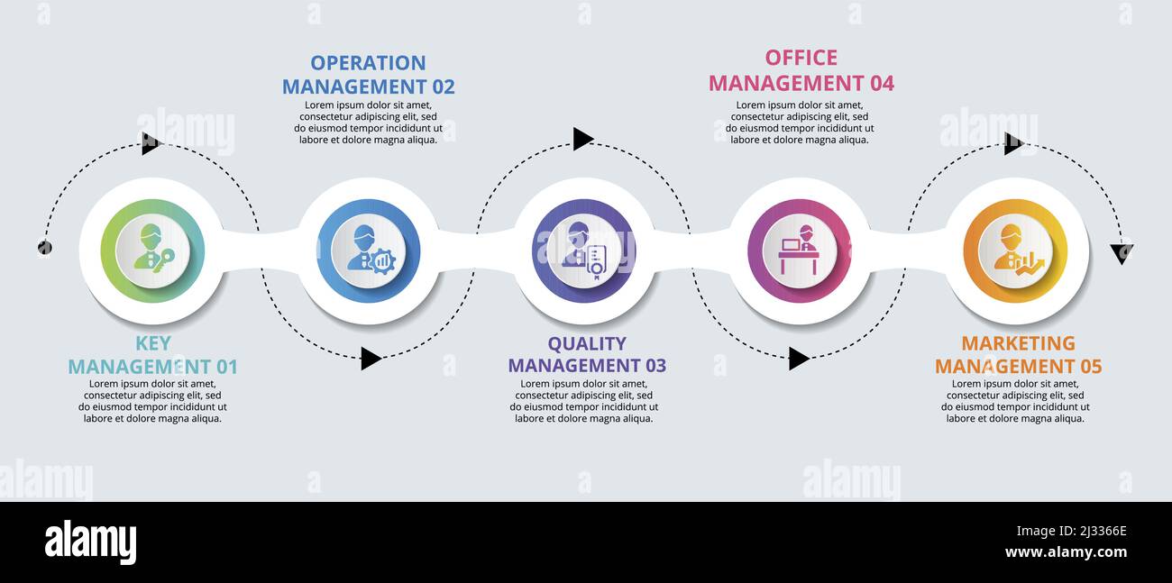 Infographic Company Management template. Icons in different colors ...