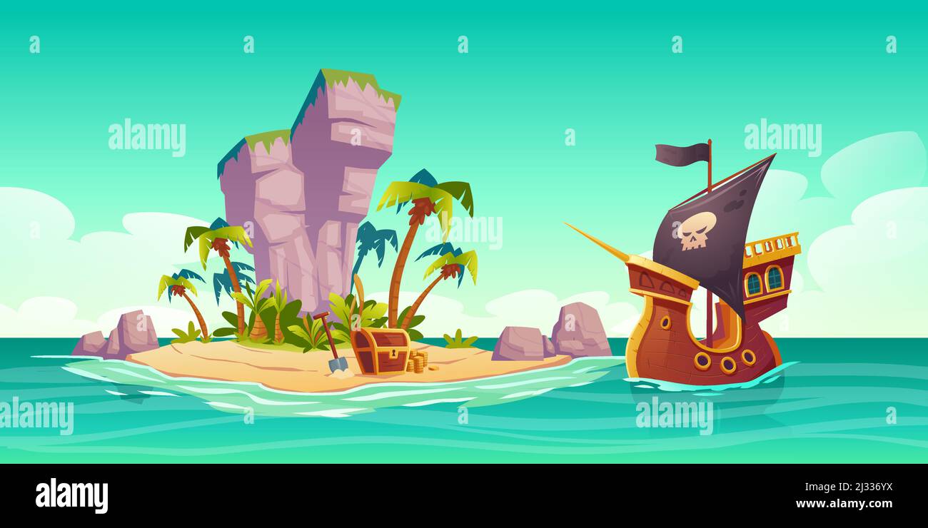 Tropical island with treasure chest and pirate ship in ocean. Vector ...