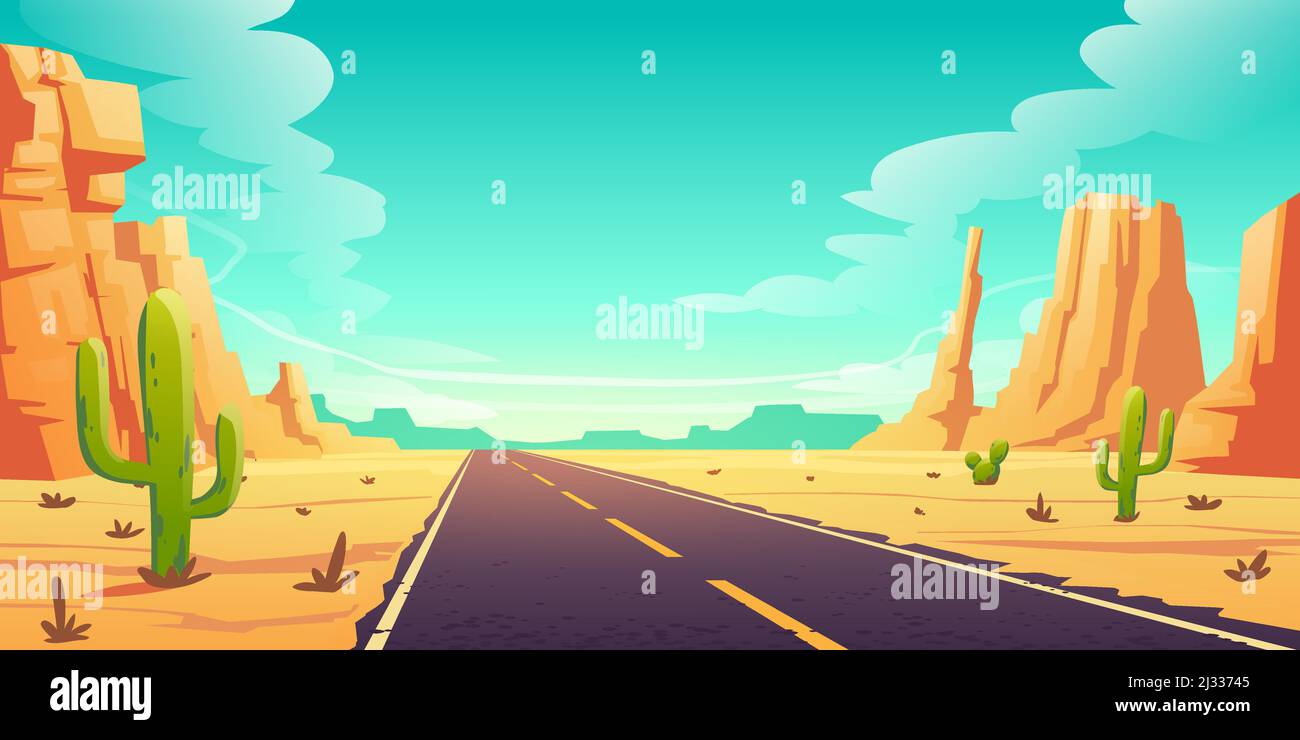 Desert landscape with road, cactuses and rocks. Vector cartoon ...