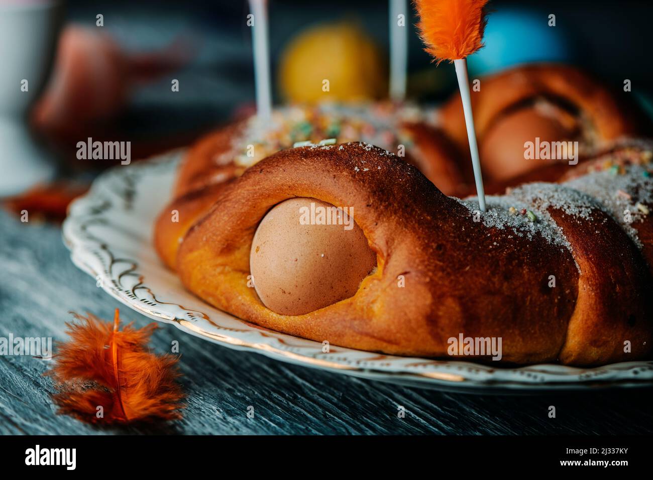 closeup of a traditional mona de pascua, a cake eaten in Spain on ...