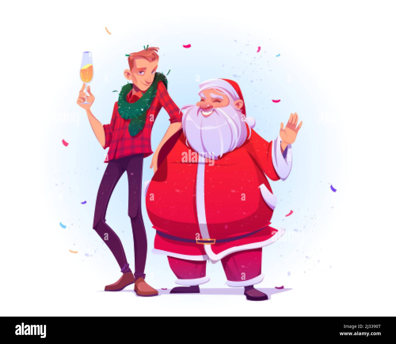 Santa Claus and young man with champagne celebrate Christmas and New ...