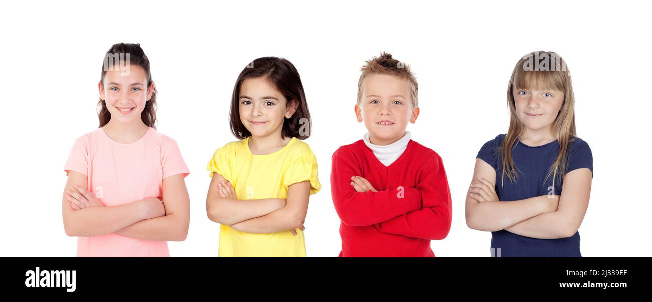 Classmate team with four children isolated on a white background Stock ...