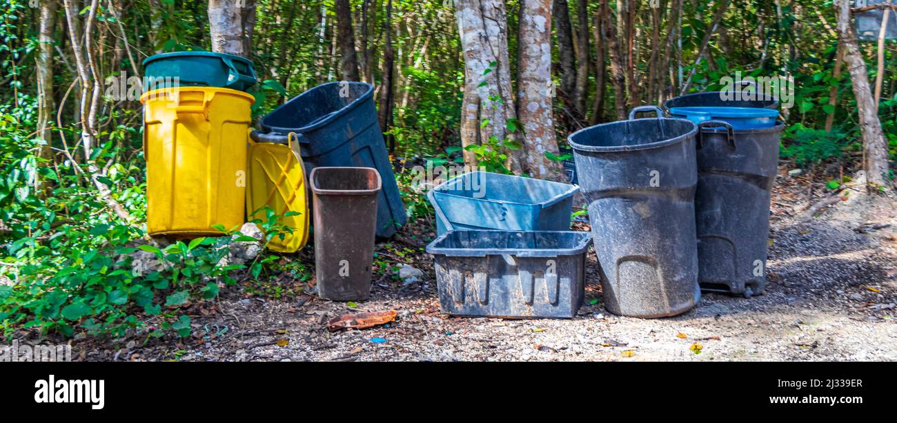 Black blue and yellow trash waste garbage cans in the tropical mexican ...