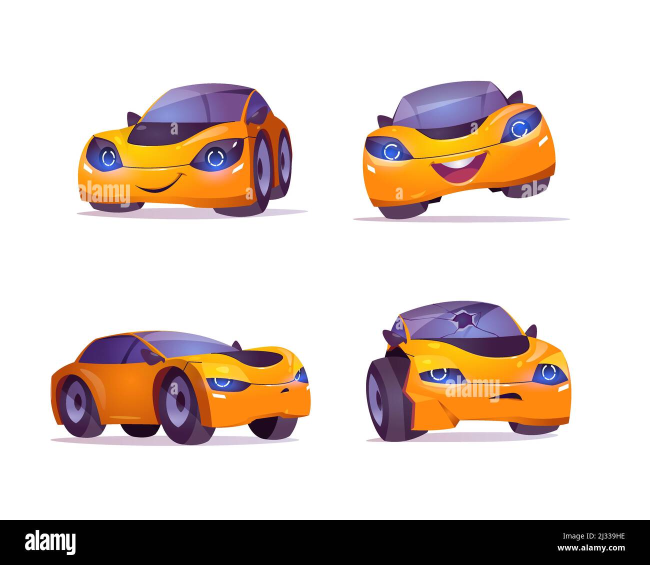 Cartoon car character express happy and sad emotions, cute automobile ...