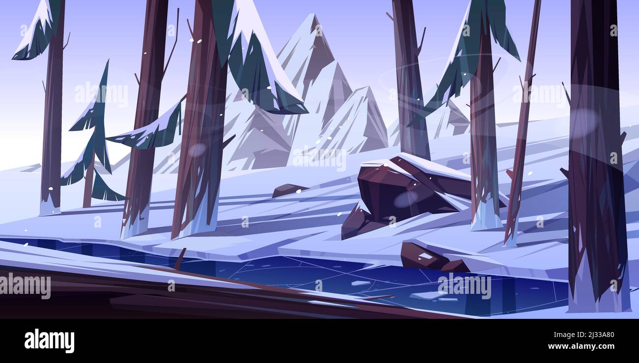 Winter forest with frozen pond. Nature landscape background with ...