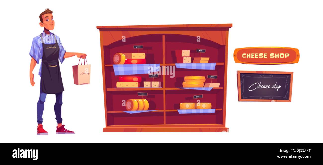 Seller, cheese on shelves and store signboard. Vector cartoon set of ...