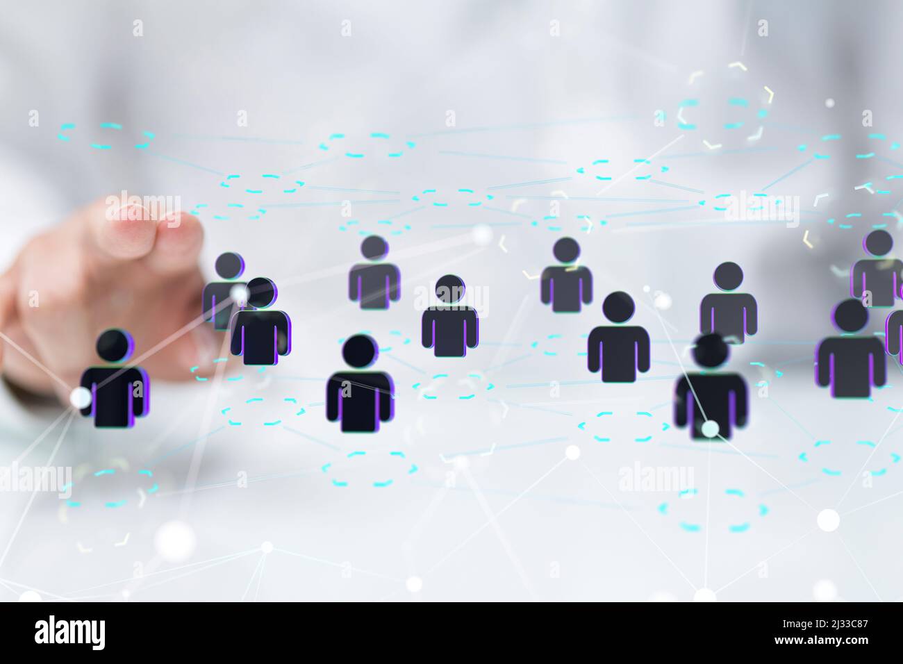 A 3D rendered group of blue people, touching global network and data ...