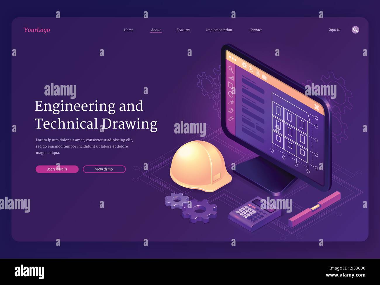 Engineering and technical drawing isometric landing page. Cad modelling ...