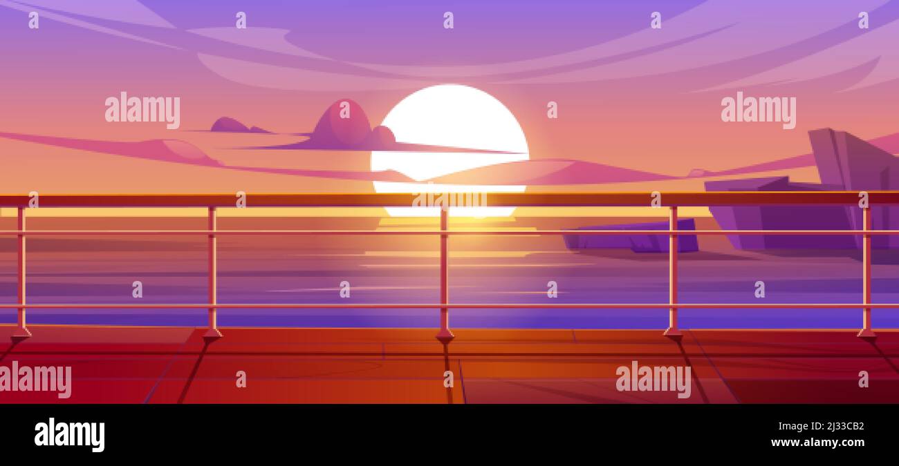 Cruise liner deck or quay on dusk seascape view, empty ship with ...