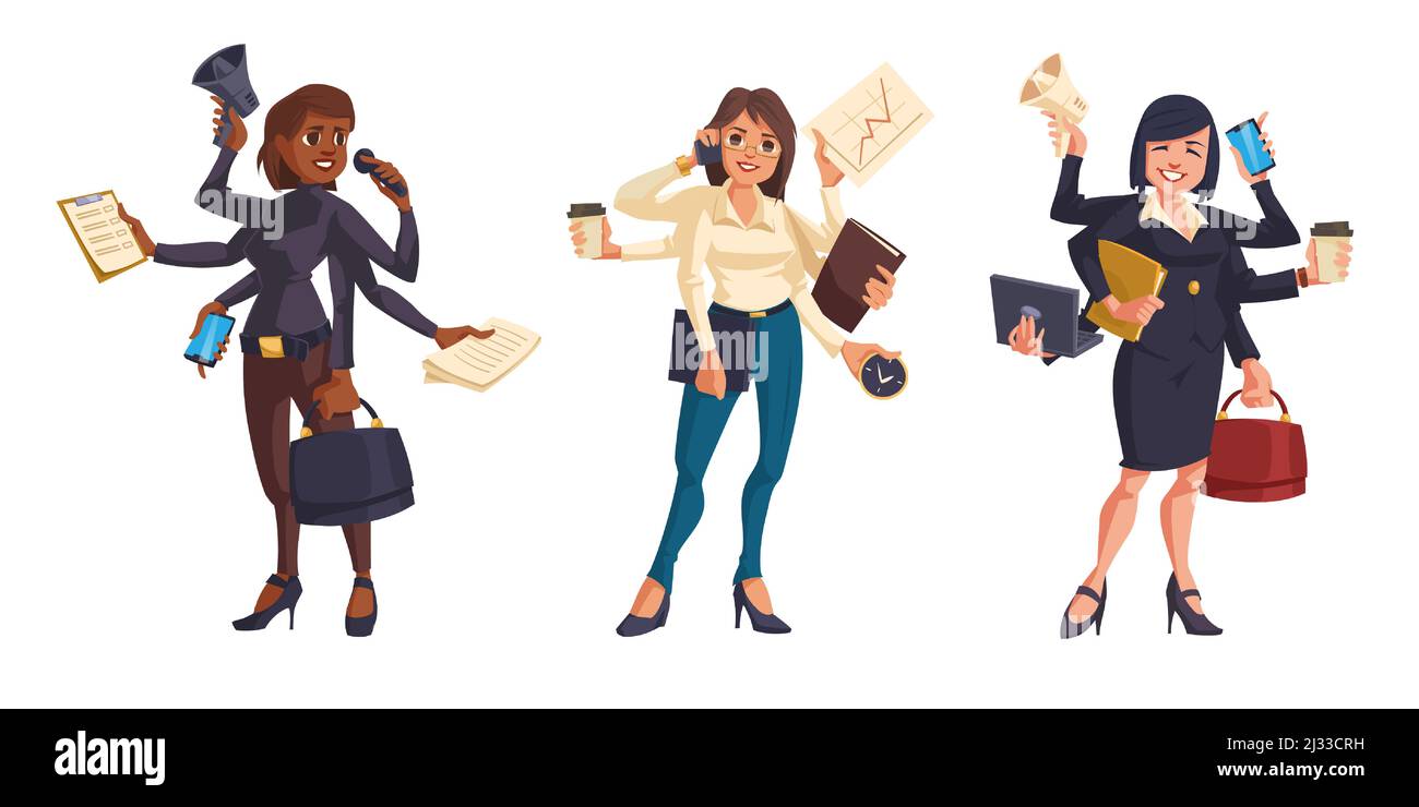 Business women with many hands isolated on white background. Vector ...