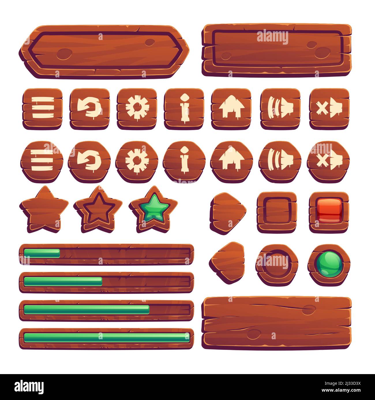 Wooden buttons for ui game, gui elements isolated on white background ...