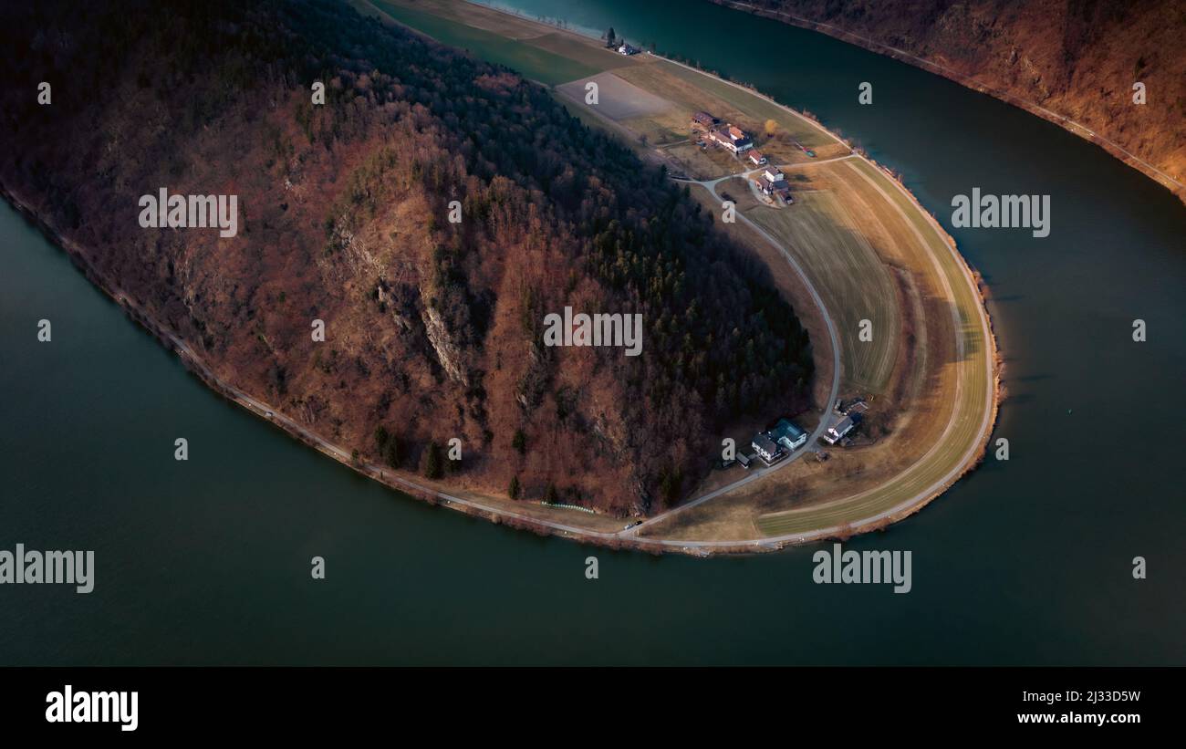 An aerial view of Schlogen Oxbow on the river Danube in Upper Austria ...