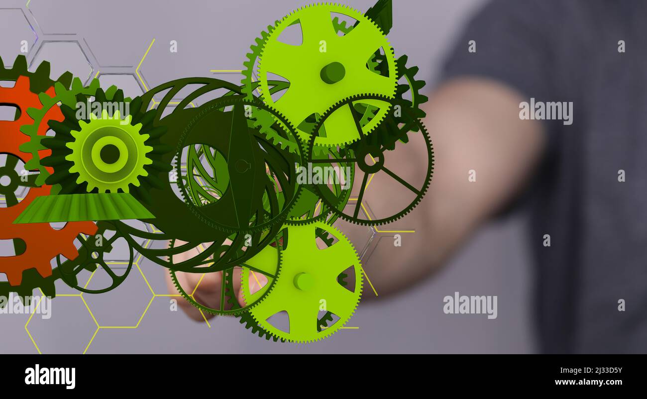 A man's hand pointing 3D rendered green digital engineering icons Stock ...