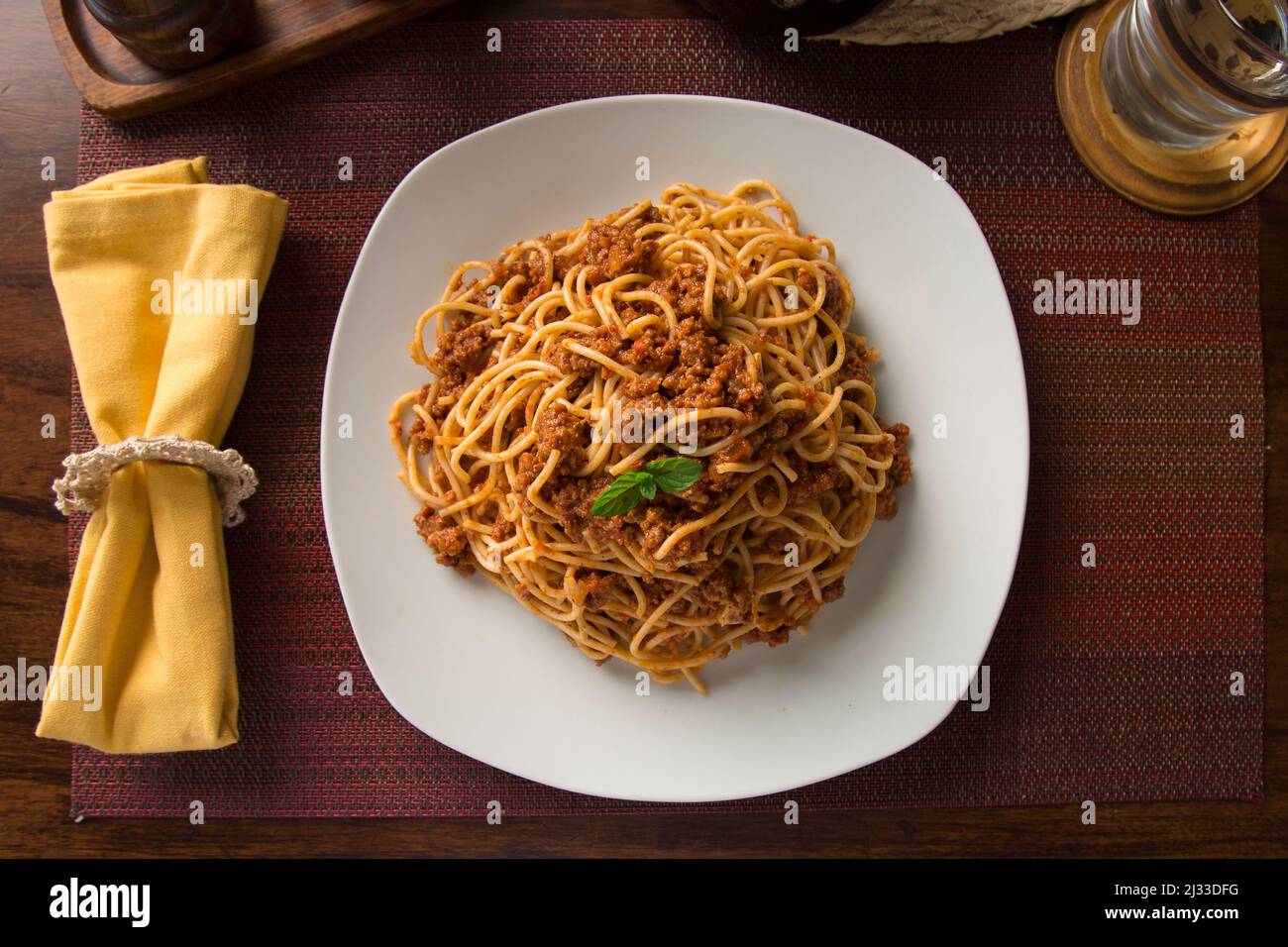 Bolognese pasta Italian Peruvian food buffet table Assorted dishes ...