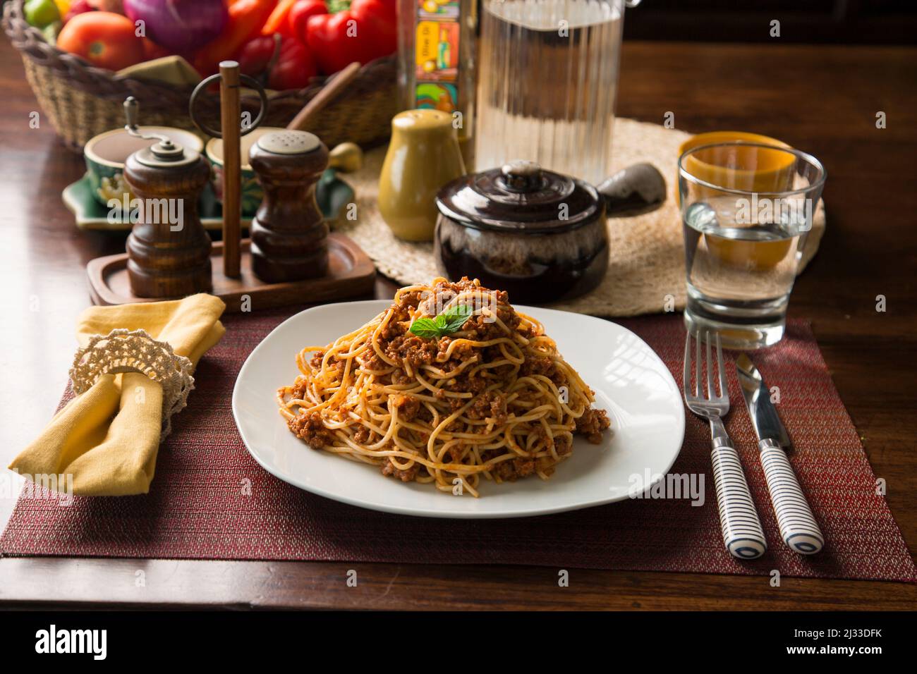 Bolognese pasta Italian Peruvian food buffet table Assorted dishes ...