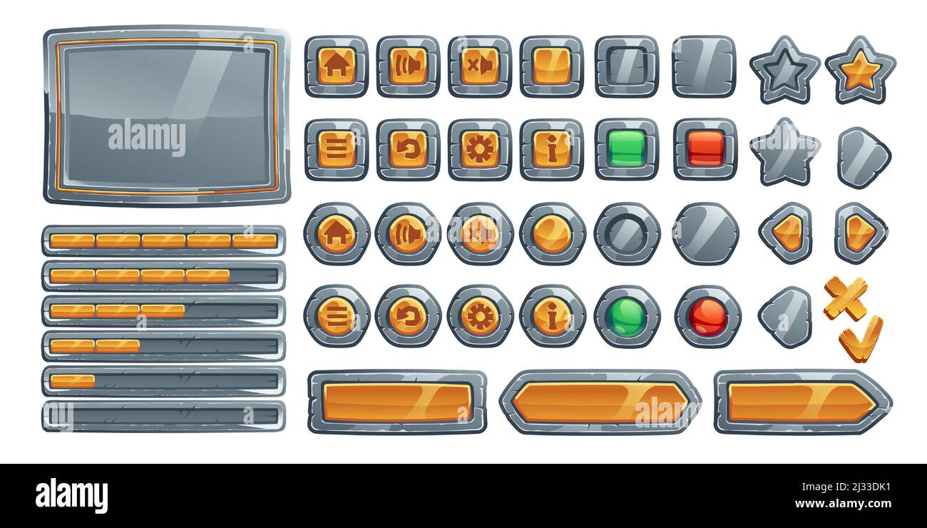 Game buttons, cartoon interface of stone, metal and gold texture. Menu ...