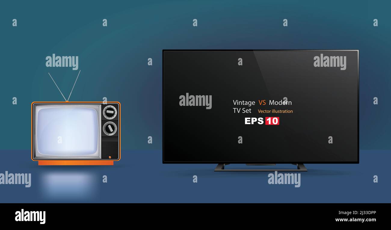 Old TV set vs modern 4k television isolated on blue background, vector ...