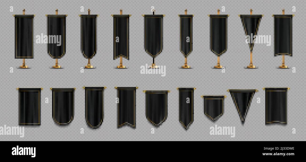 Pennant flags of black and gold colors mockup, blank vertical banners ...