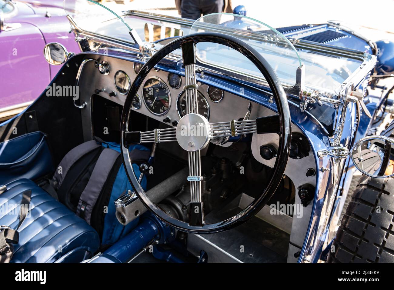 View of cockpit and steering wheel in a vintage sports car Stock Photo ...