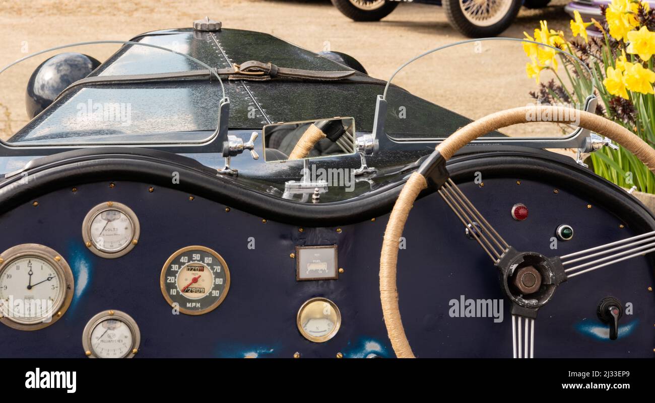 Drivers view of cockpit and steering wheel in a classic car Stock Photo ...