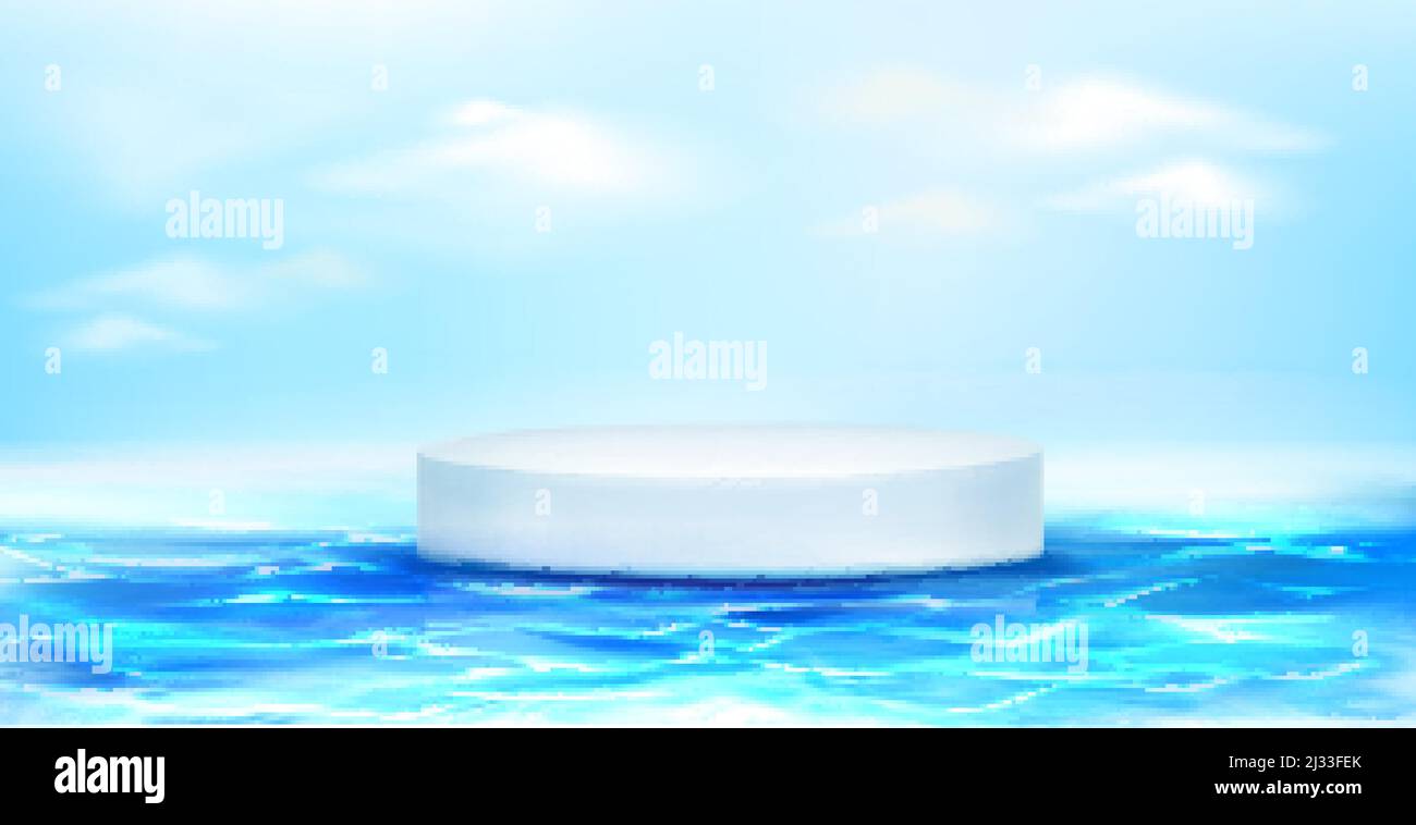 White round podium floating on blue water surface. Vector realistic 3d ...