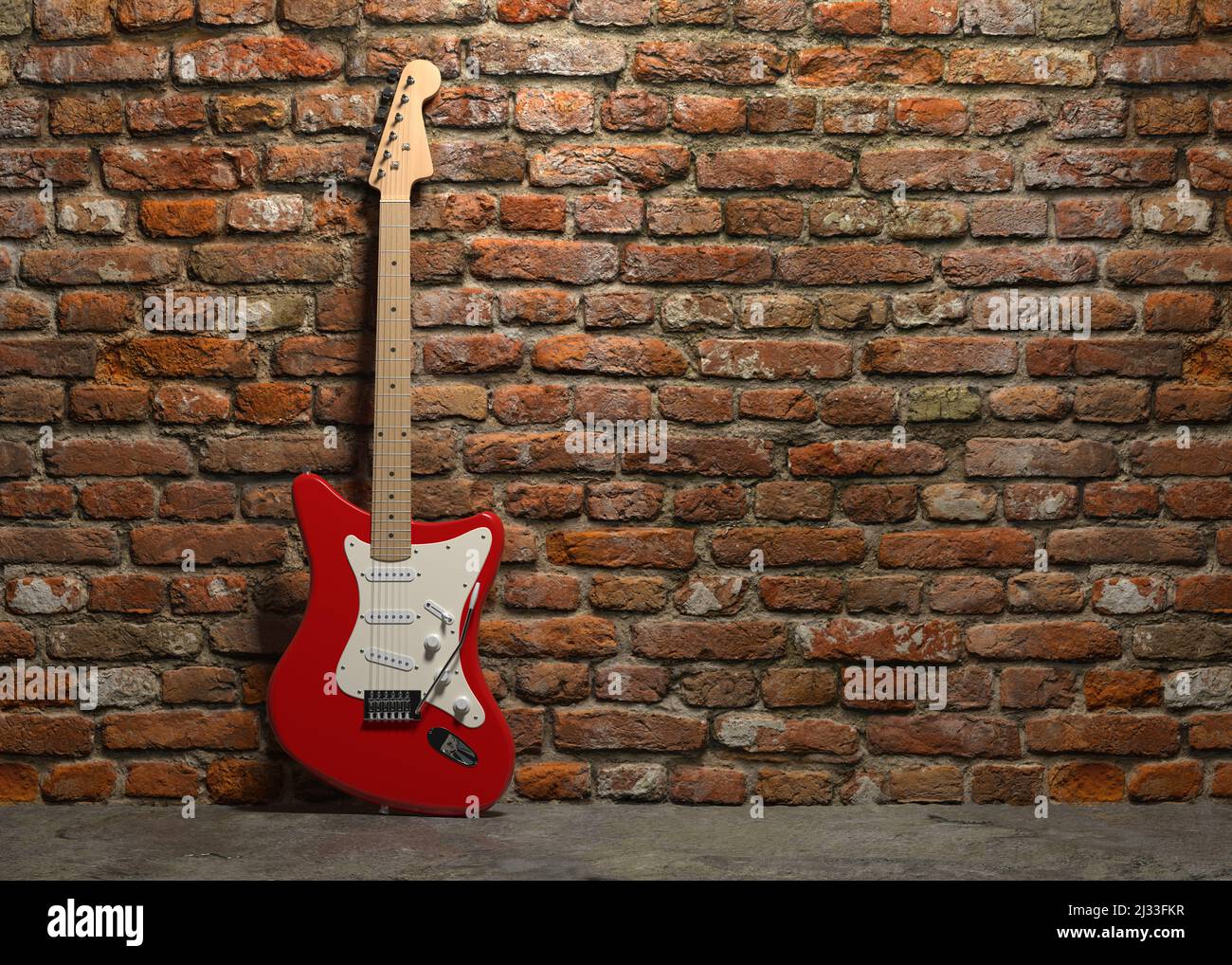 Red electric guitar with six string wooden body and fretboard stands ...