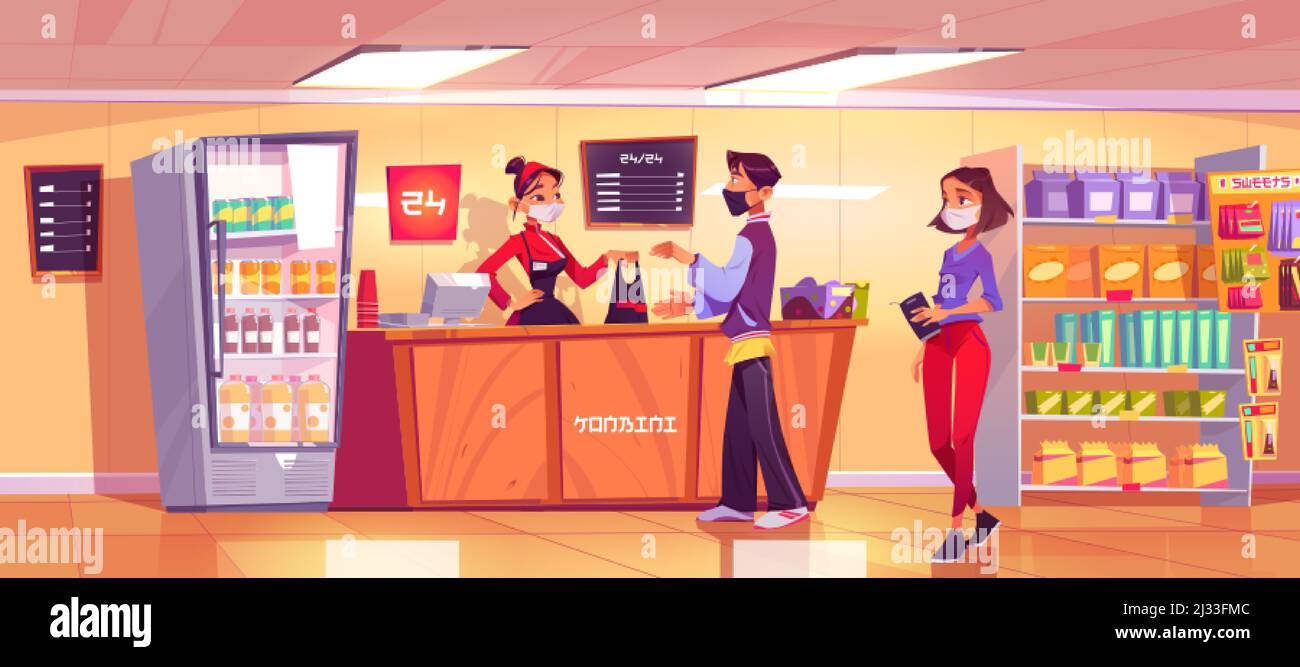 Konbini, convenience store with woman seller at counter and people in ...