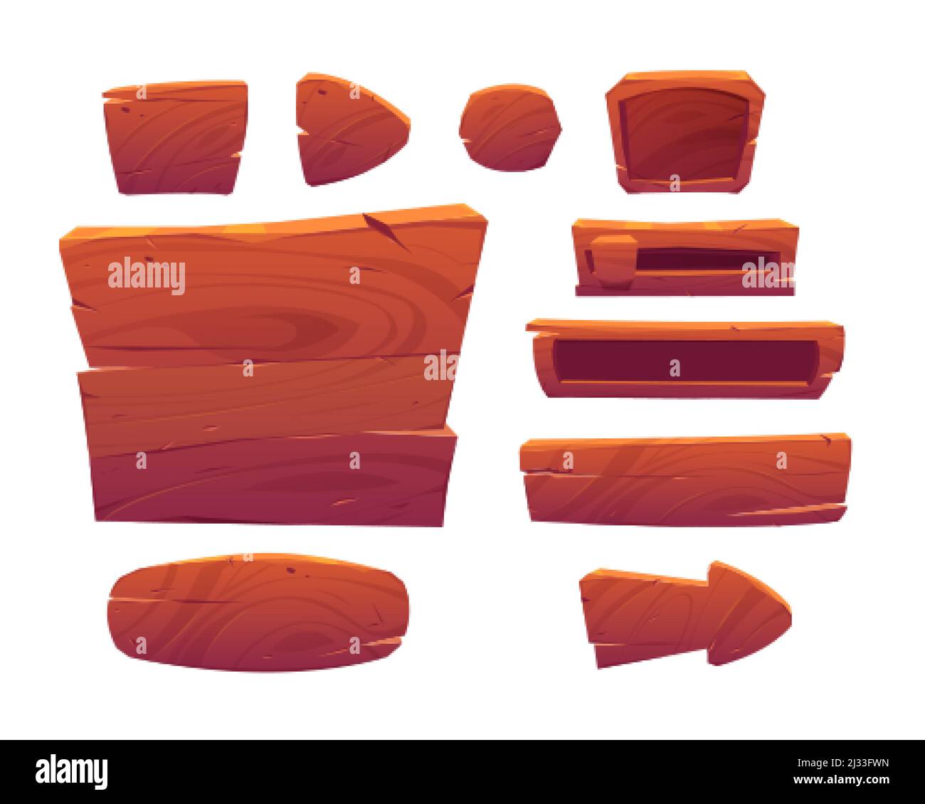 Wooden game buttons, cartoon menu interface made of wood textured ...