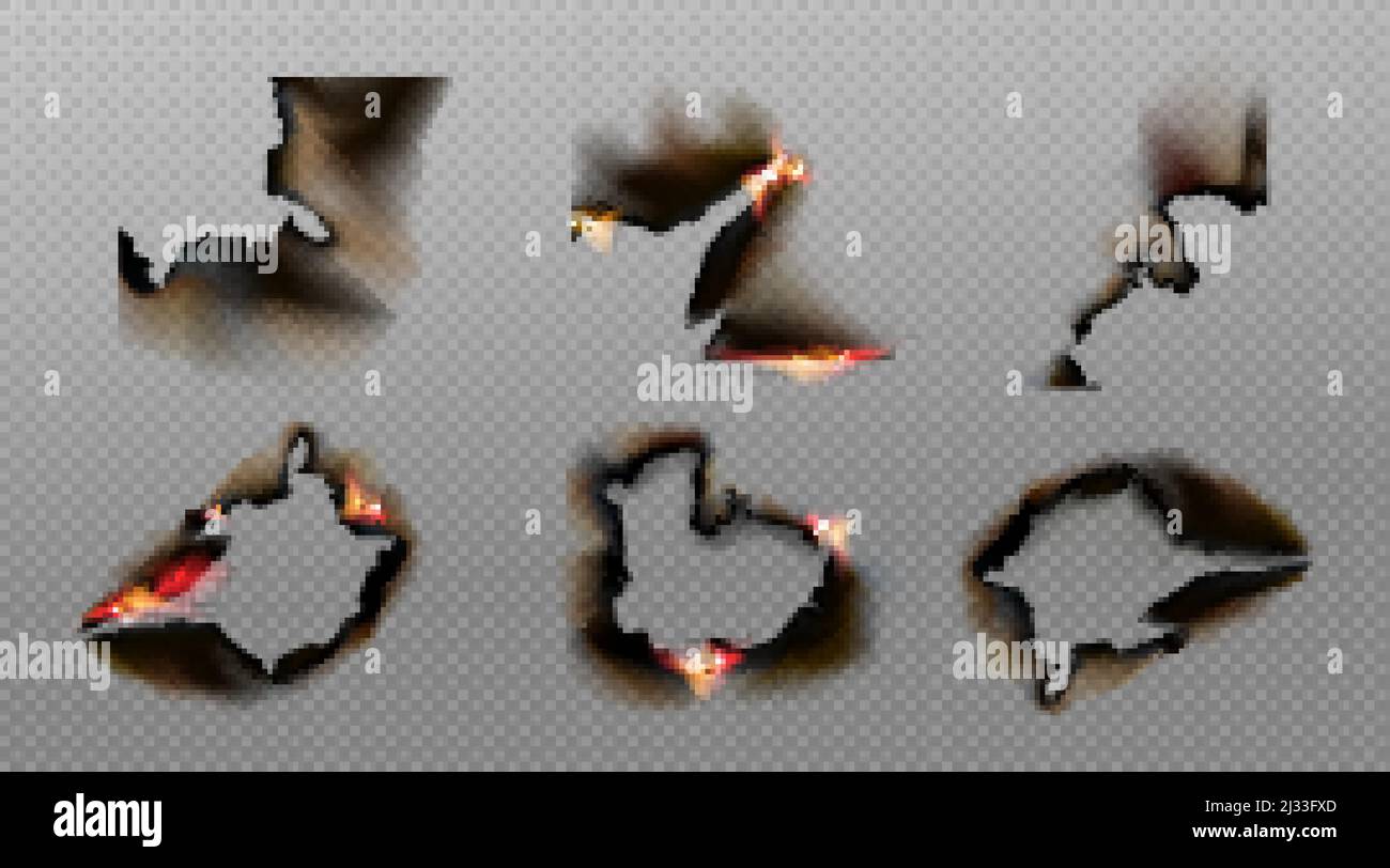 Burn paper corners, holes and borders, burnt page with smoldering fire ...