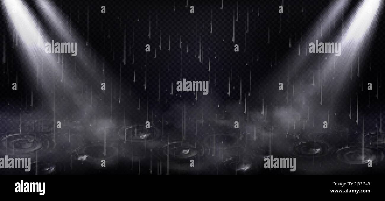 Rain, puddle ripples and spotlight beams, falling water drops and light ...