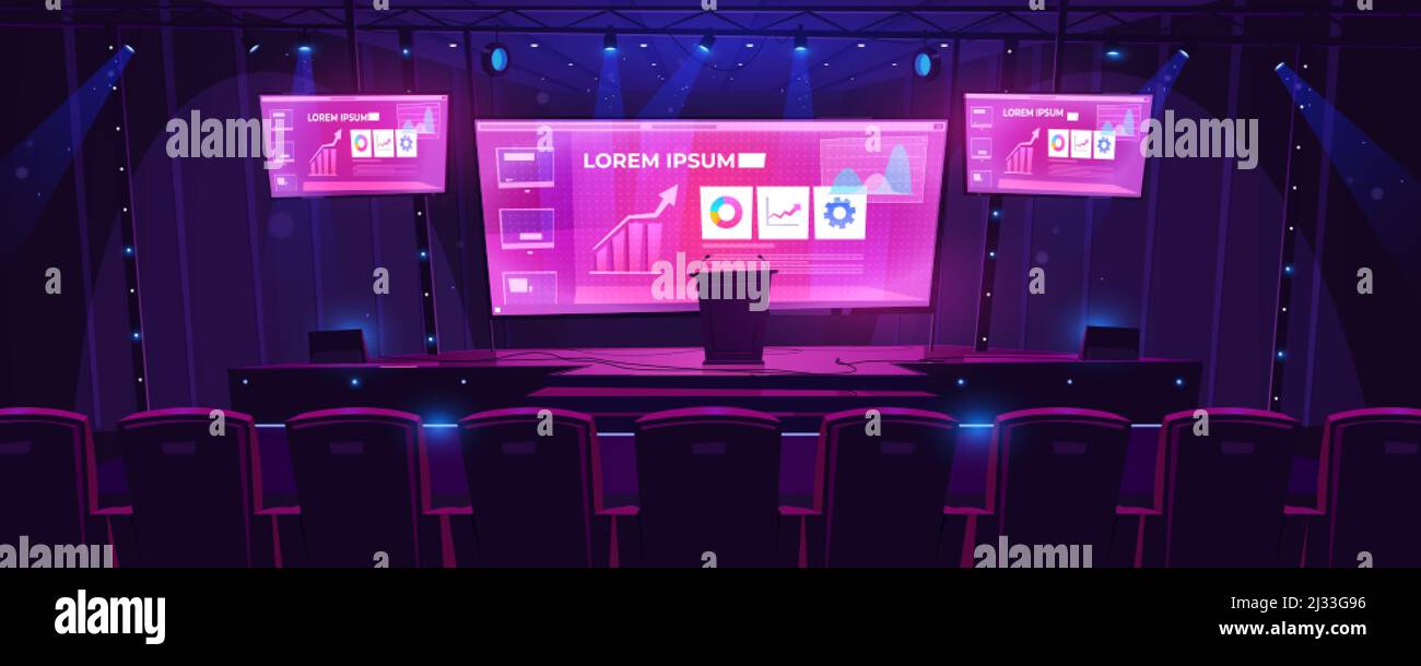 Stage with tribune, screens on background and spotlights. Vector ...