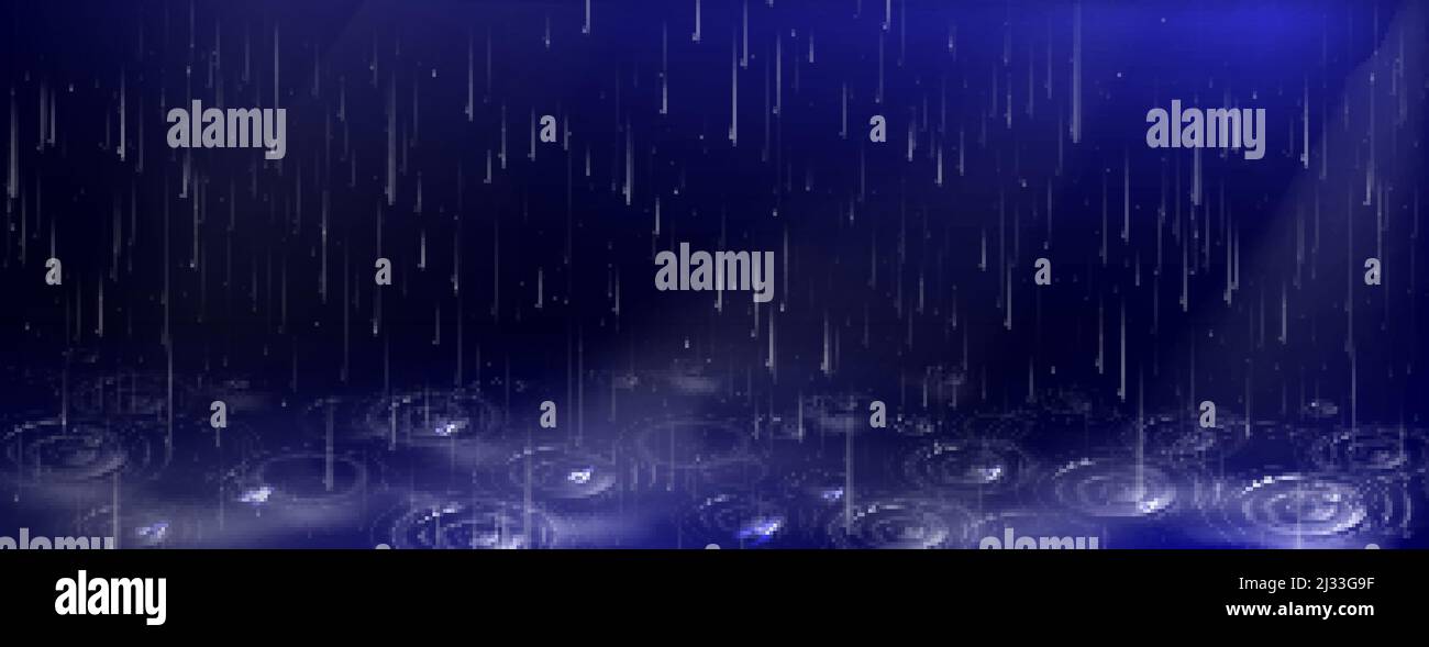 Rain, falling water drops and puddle ripples on dark blue background ...