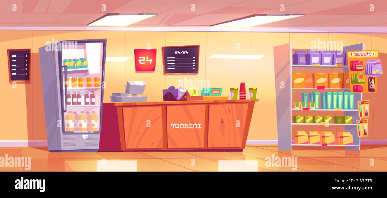 Konbini, convenience store interior with wooden checkout counter ...
