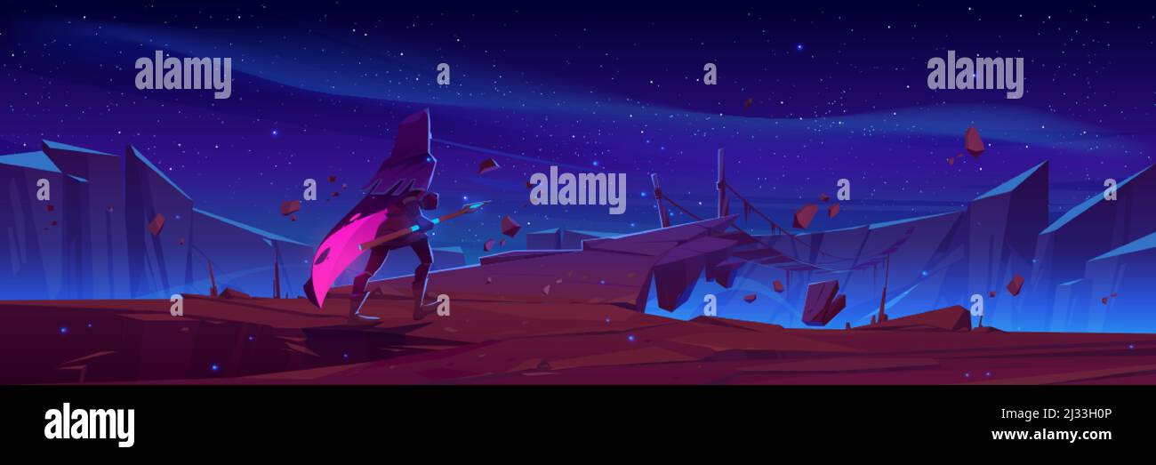 Wizard with magic spear walk to hanging rope bridge over abyss in ...