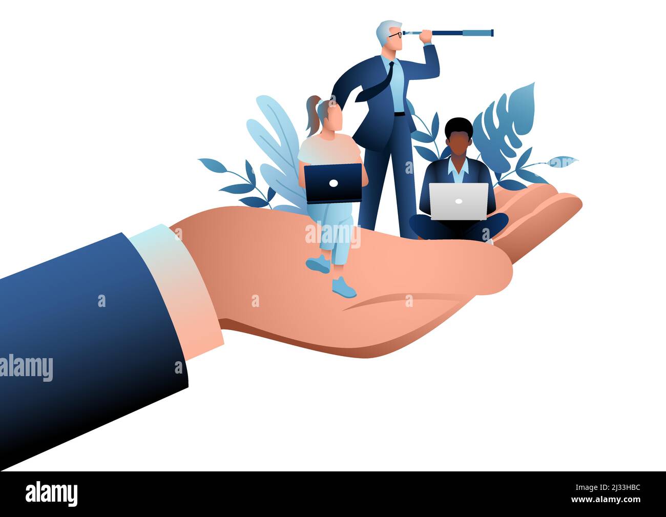 Giant hand holding a business workers, concept for emotional benefits ...