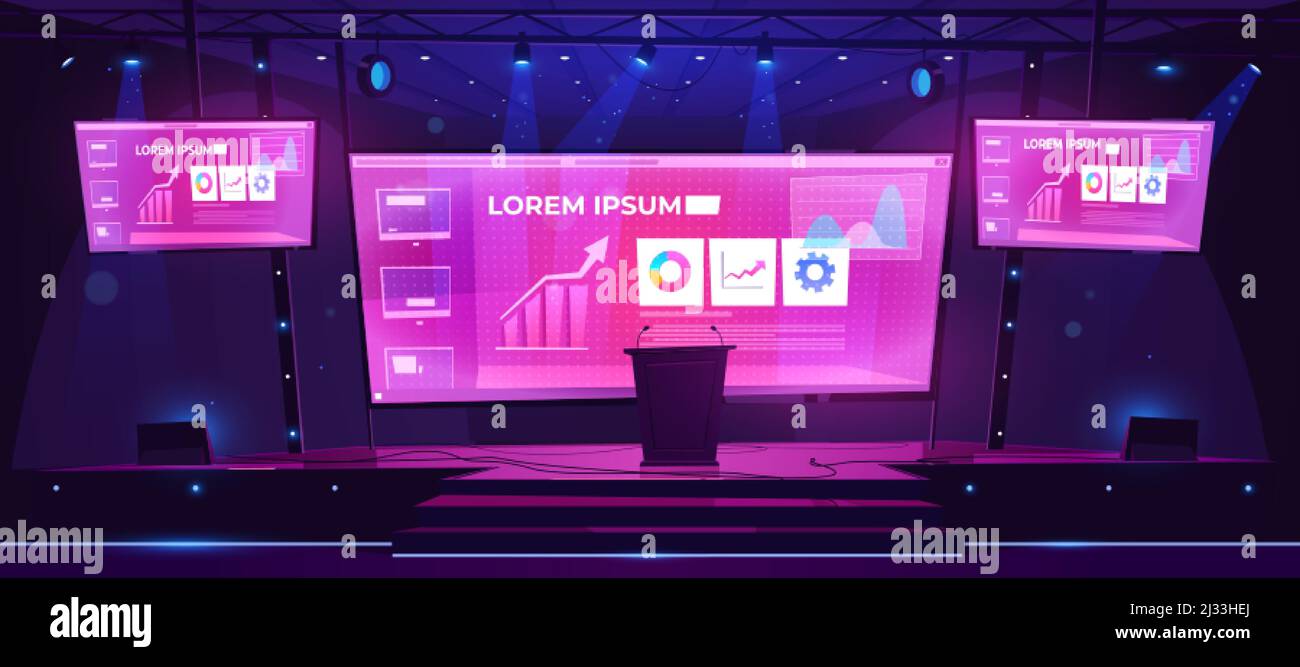 Scene for presentation, conference hall, empty stage interior with huge ...