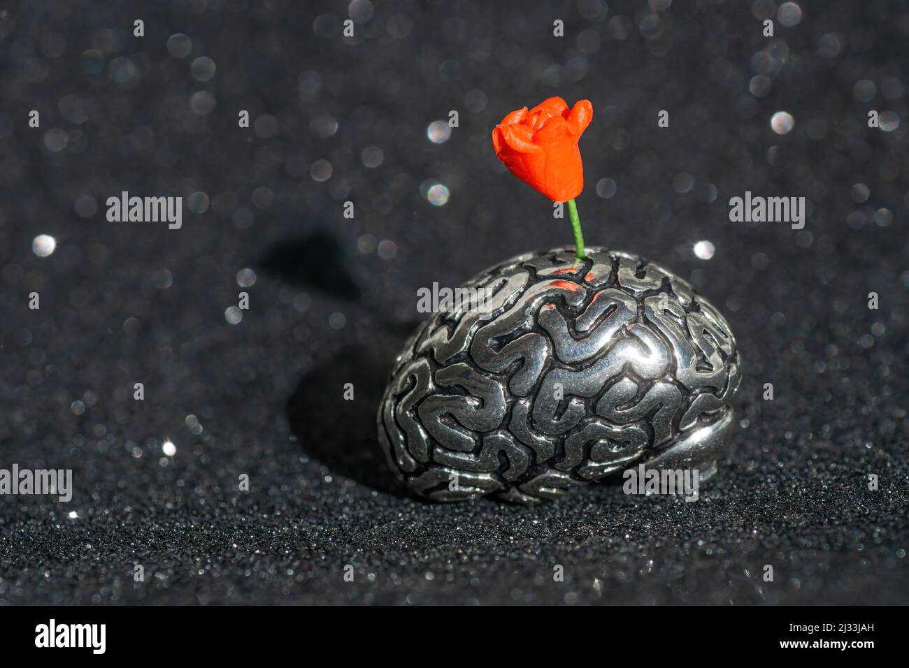 Toy rose flower growing in a miniature steel model of a human brain ...