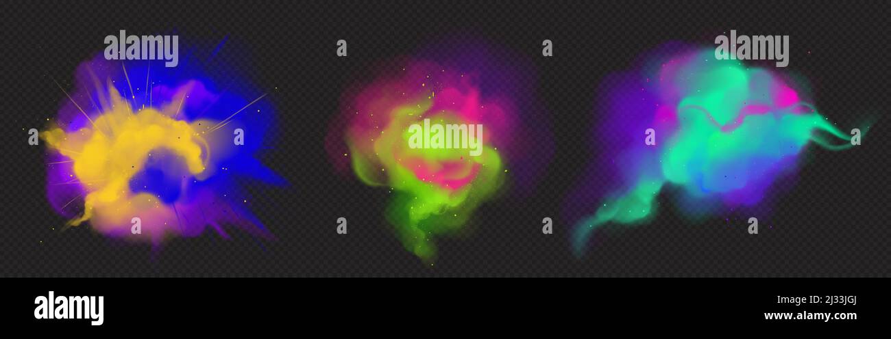 Colorful smoke flow and paint powder explosion. Vector realistic set of ...