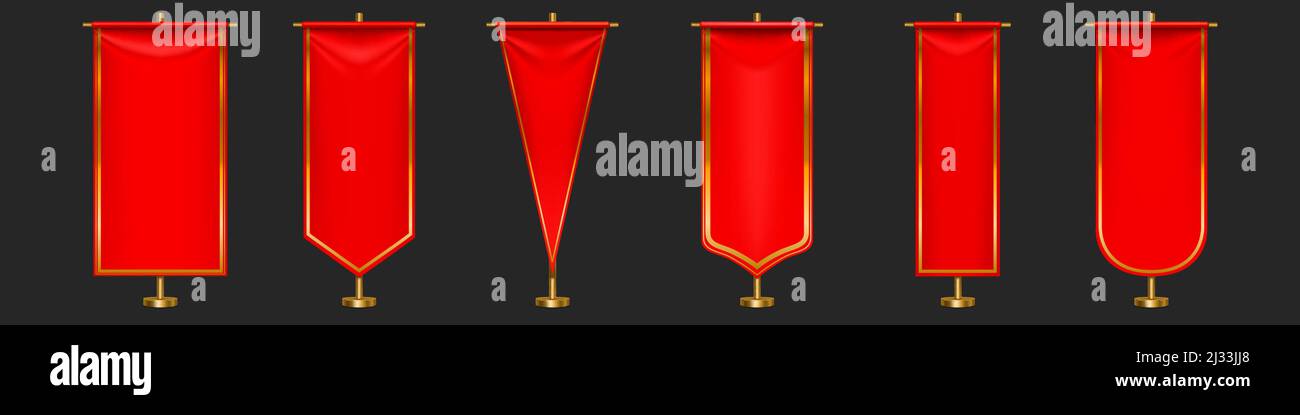 Red pennant flags different shapes on gold pillar. Vector realistic ...