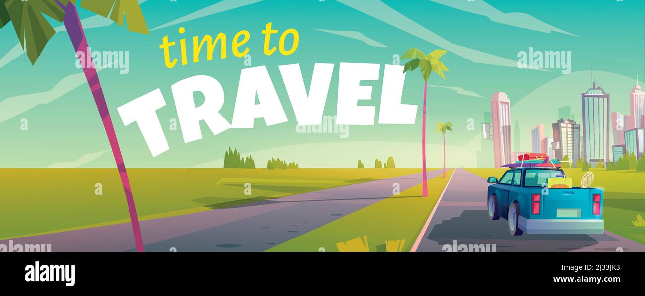 Time to travel cartoon banner with truck rear view moving by road with ...