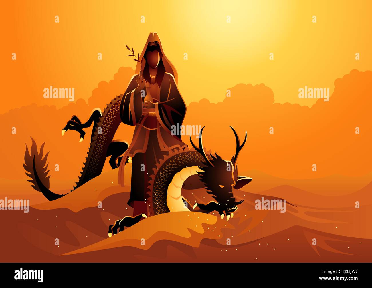 Vector illustration of Guanyin standing on top of a dragon, Guanyin is ...
