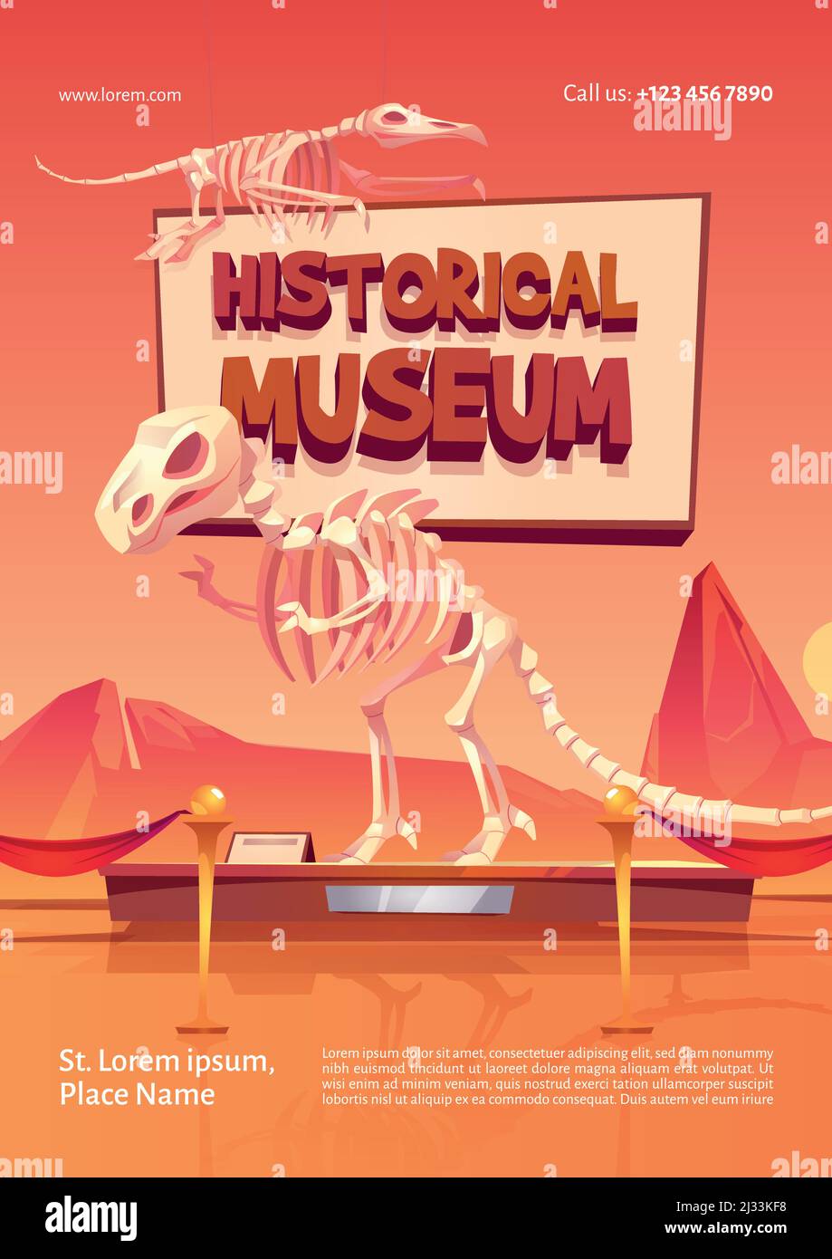 Poster of historical museum with dinosaur skeletons. Vector cartoon ...