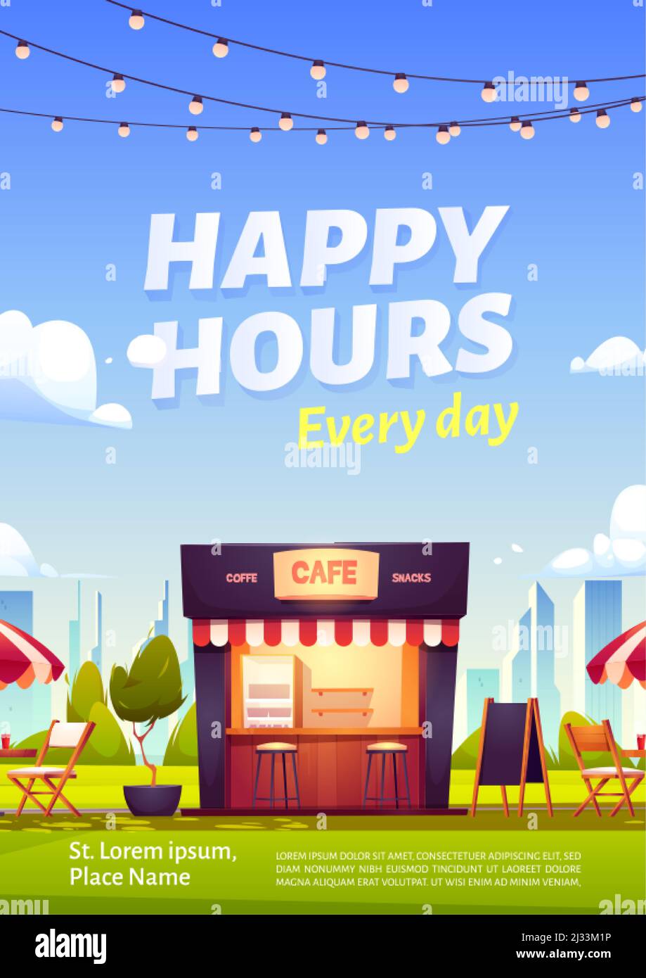 Happy hours ad poster with outdoor cafe with coffee and snacks. Wooden ...