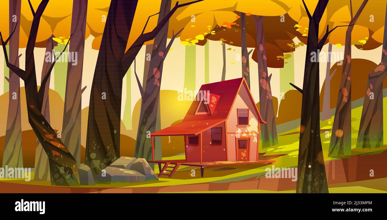 Wooden stilt house in autumn forest. Old shack with terrace on piles in ...