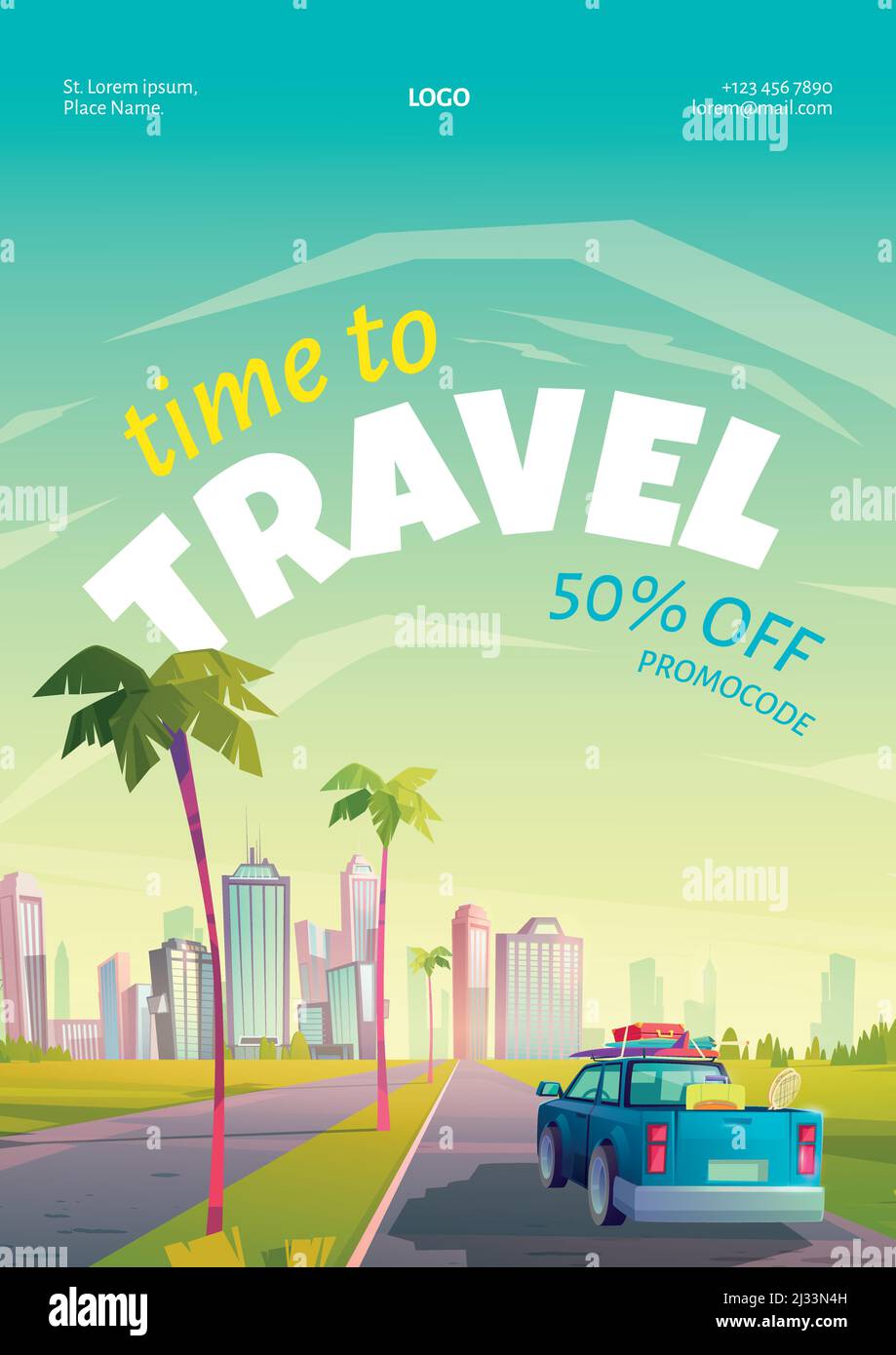 Travel coupon with summer landscape, town and car with luggage on road ...