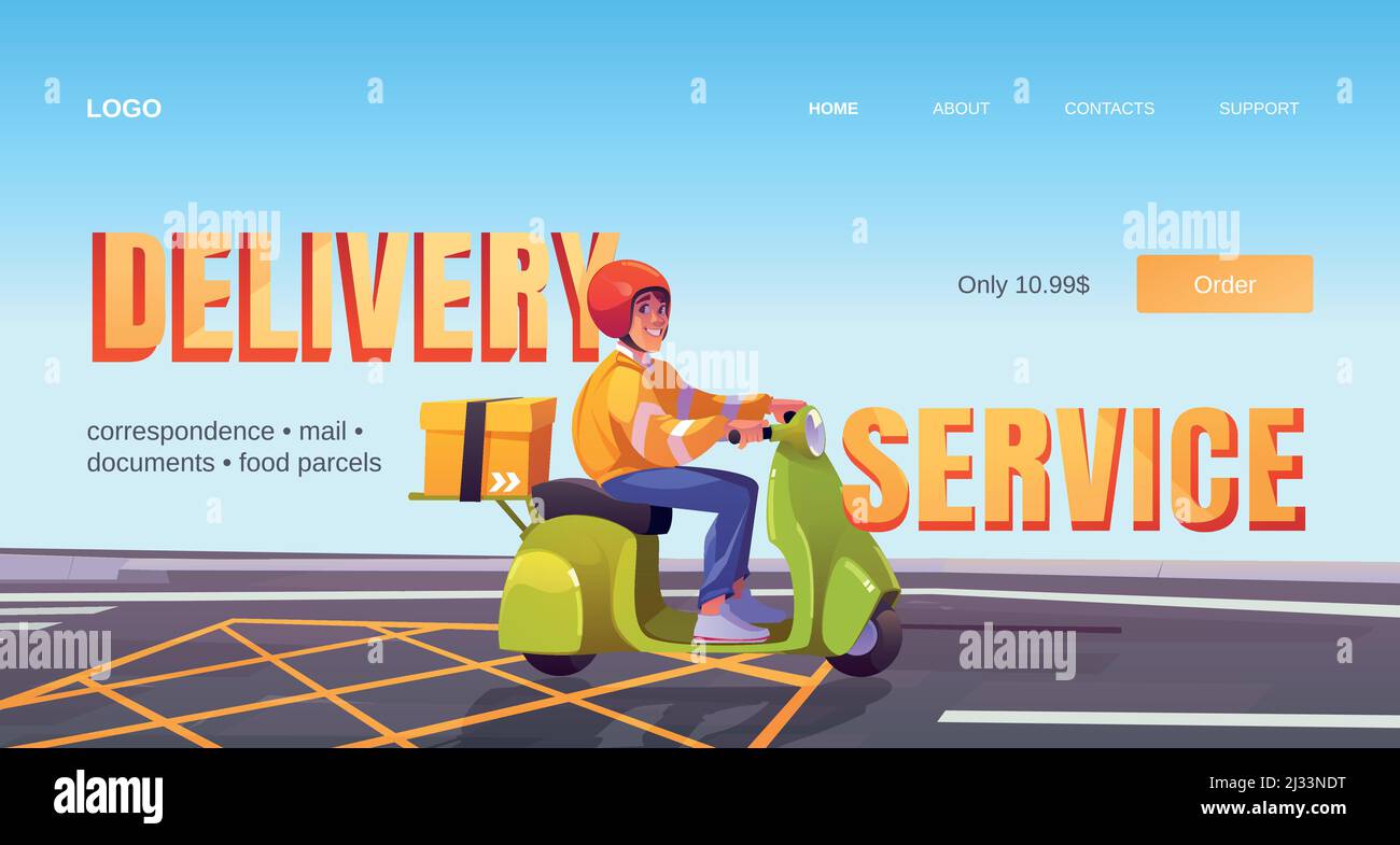 Delivery service cartoon landing page, man on scooter deliver box ...