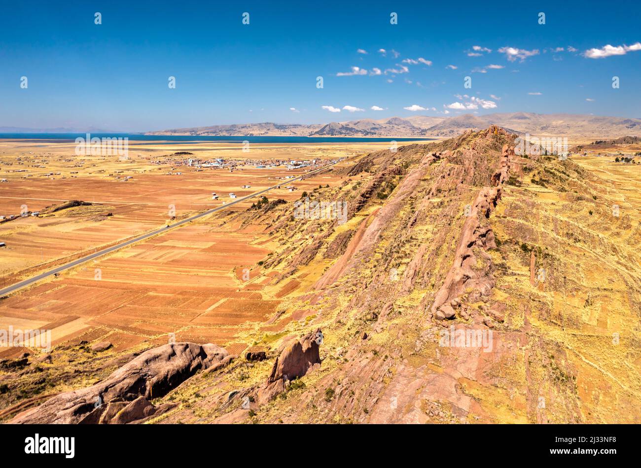 Flight above rock formations in Aramu Muru near Puno in Peru Stock ...
