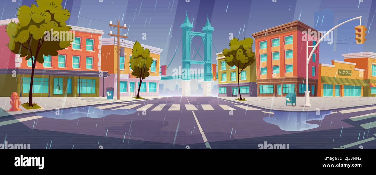 Rain on city street with houses, road with pedestrian crosswalk and ...