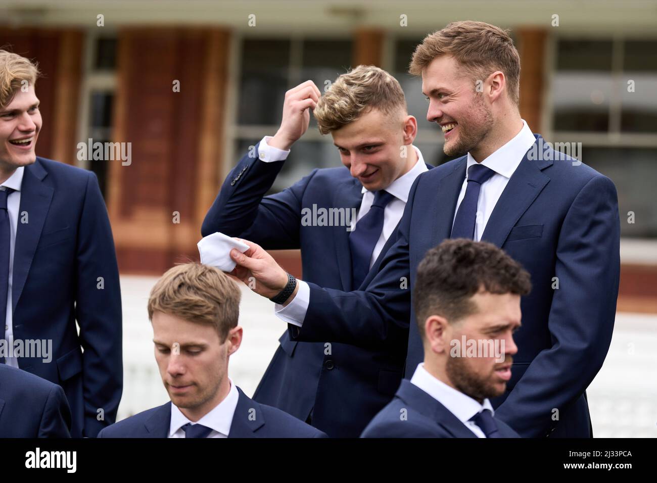 Middlesex's Tom Helm (right) has a laugh during a photocall at Lord's ...